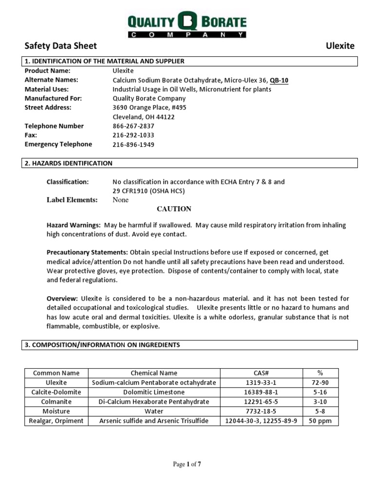 Safety Data Sheet Ulexite: Page 1 of 7 | PDF | Resource Conservation ...