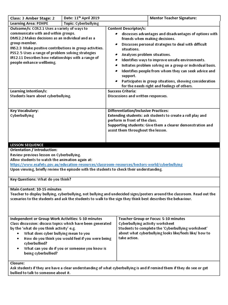 Pdhpe Lesson Plan 11th April | PDF | Cyberbullying | Mentorship