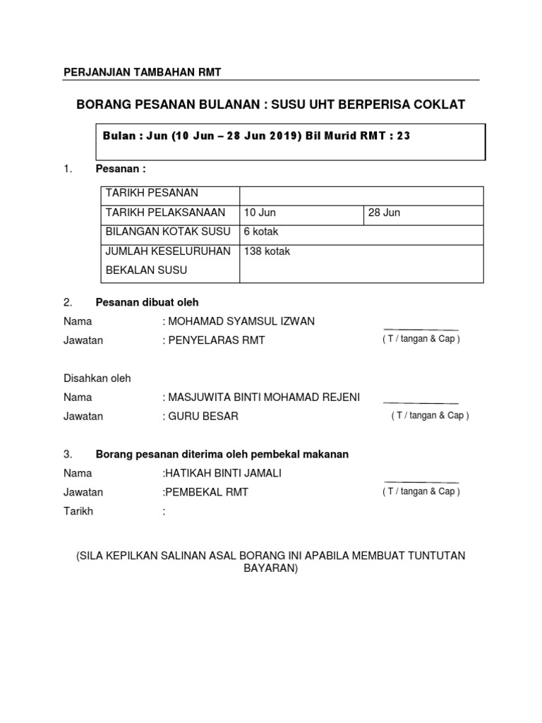 Borang Pesanan Perjanjian Tambahan RMT | PDF