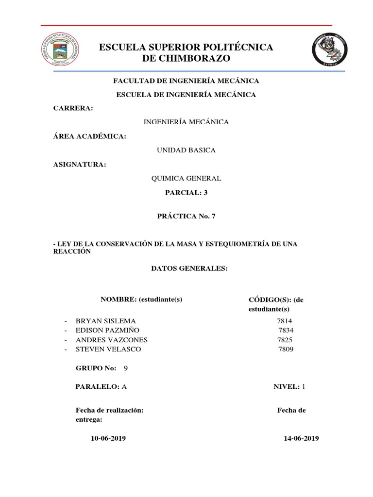 Quimica Practica Estequio Grupo 9 1ro A | PDF | Reacciones químicas ...