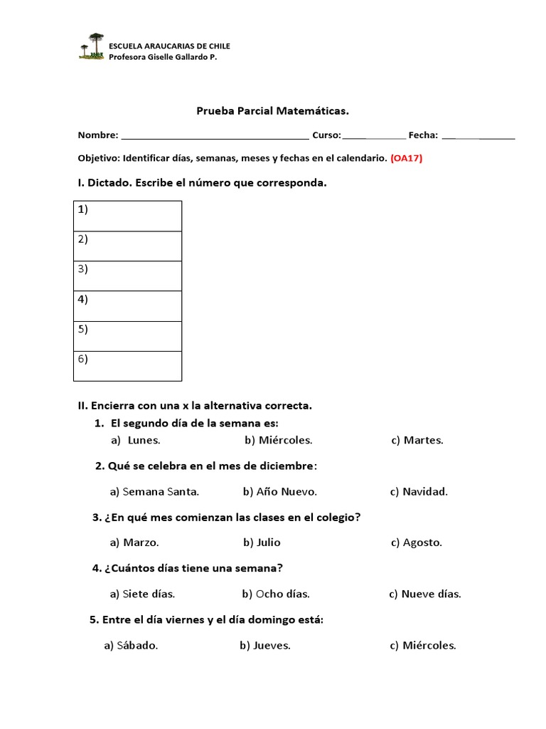 Evaluación Días y Meses Del Año.