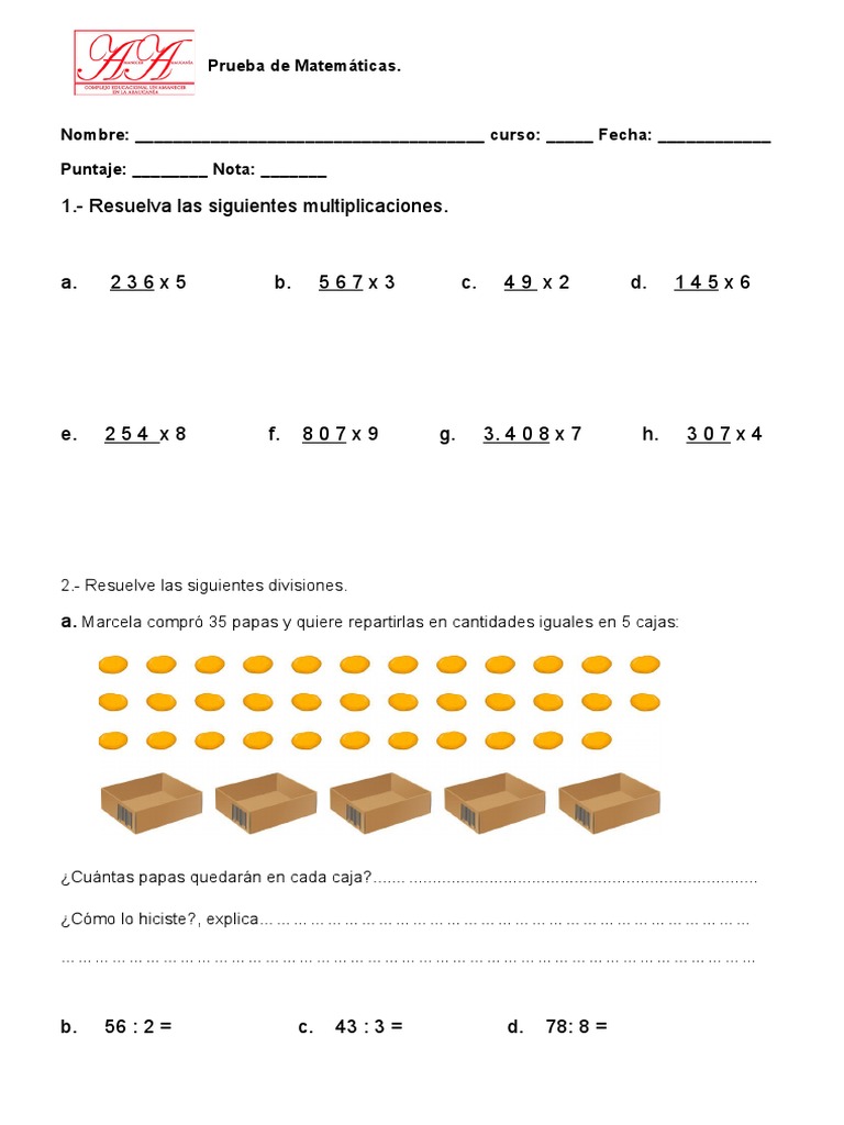Prueba de Matemáticas Multiplicacion y Division