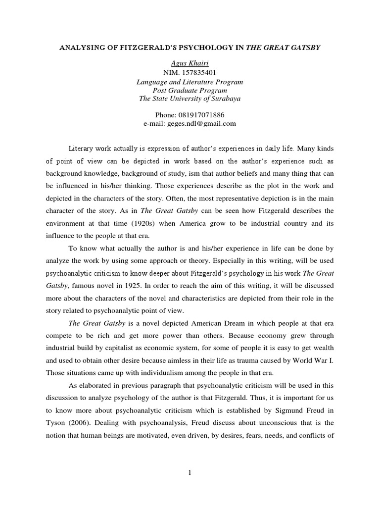 Analysing of Fitzgerald's Psychology in The Great Gatsby | PDF | The ...