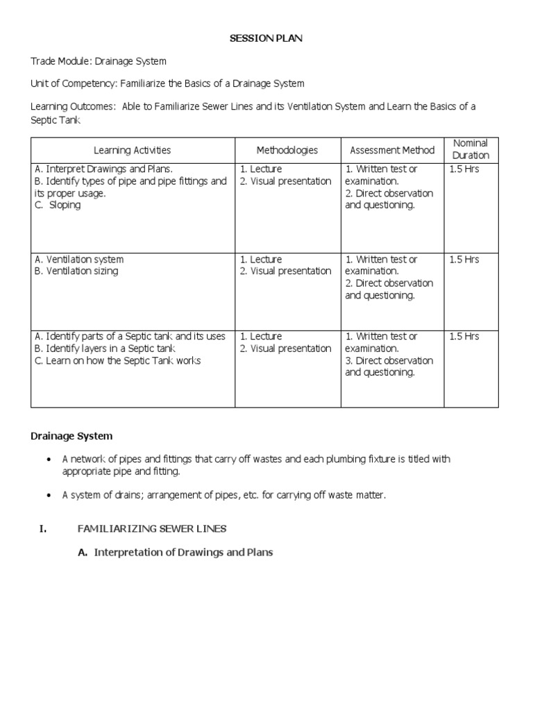 Session Plan Drainage | PDF | Plumbing | Septic Tank