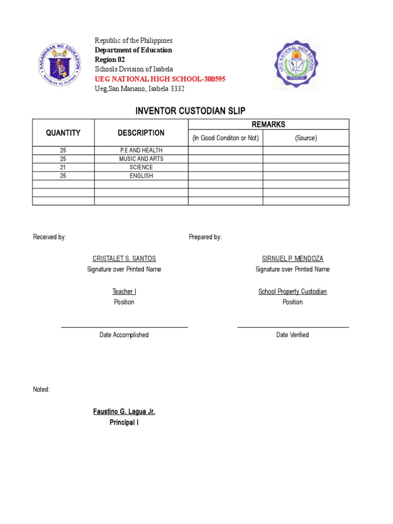 Inventory Custodian Slip Unhs | PDF