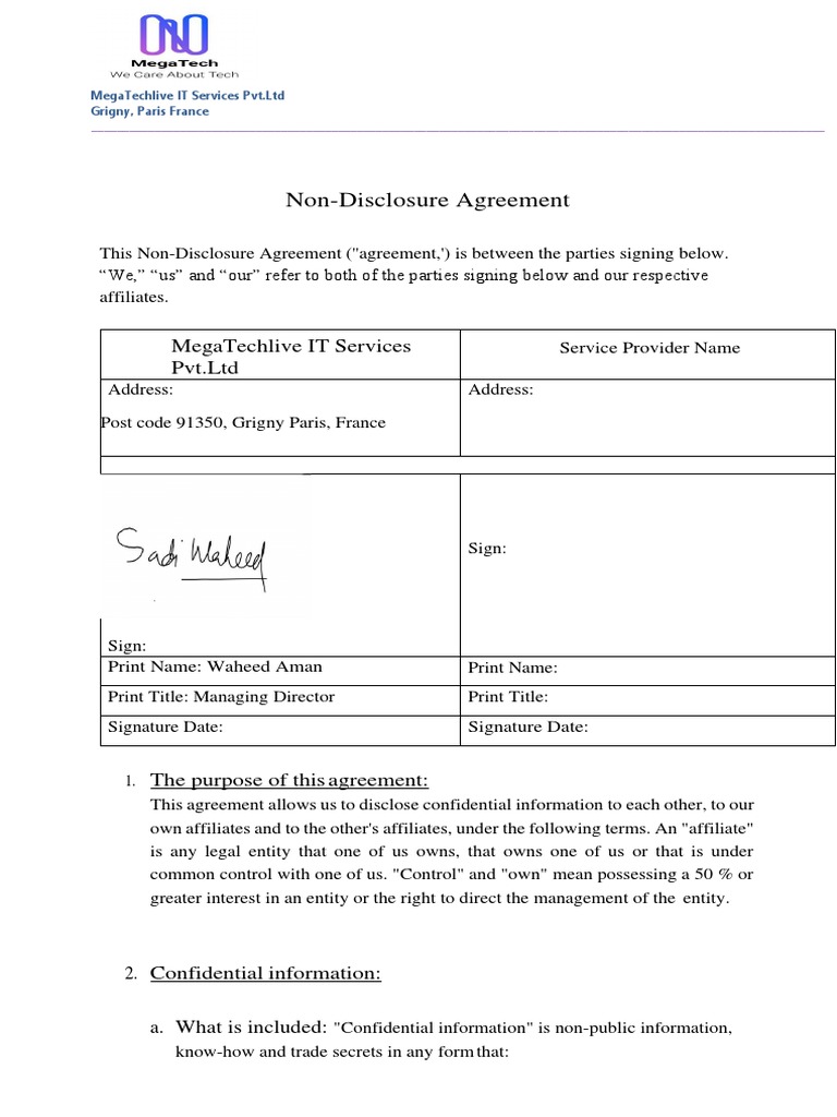 NDA MegaTech | PDF | Non Disclosure Agreement | Confidentiality