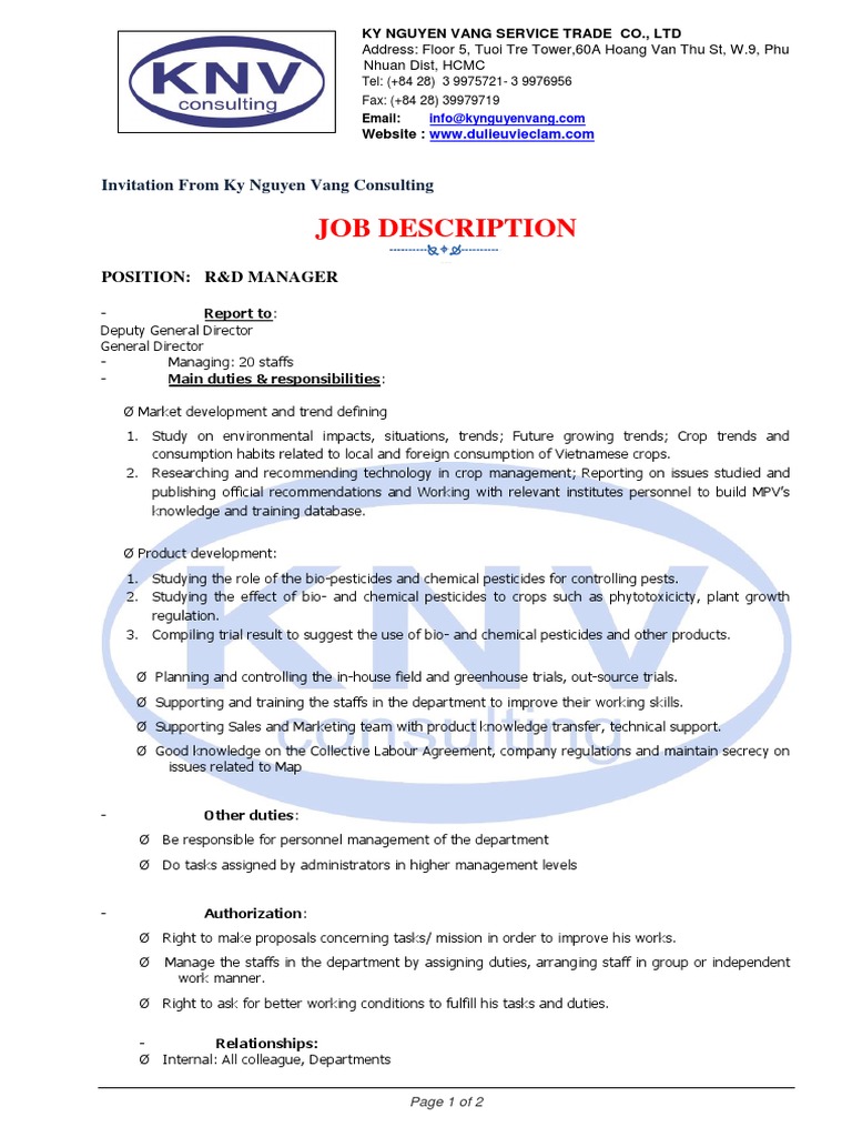 Job Description - RDManager | PDF | Pesticide | Agriculture