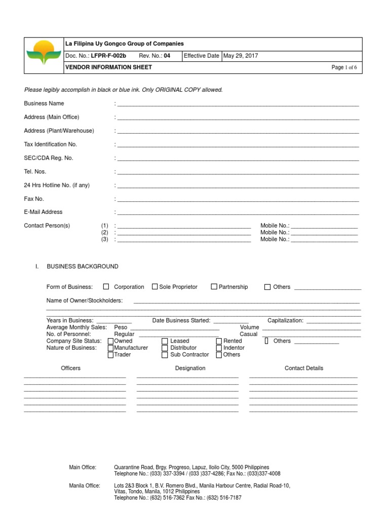 Vendor Information Sheet - LFPR-F-002b Rev. 04 | PDF | Non Disclosure ...