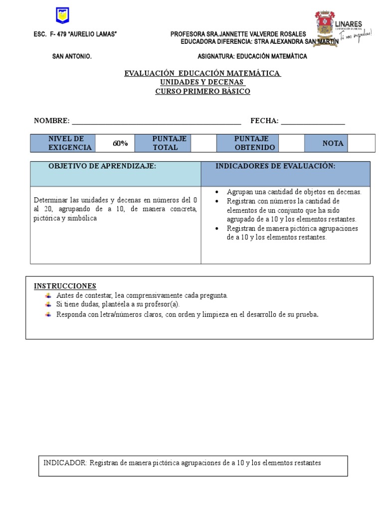 Prueba de MATEMÁTICA Primero Básico | PDF | Aprendizaje | Cognición