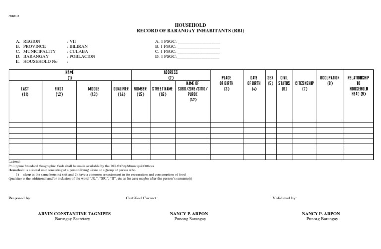 Household Record of Barangay Inhabitants (Rbi) : Form B | PDF ...