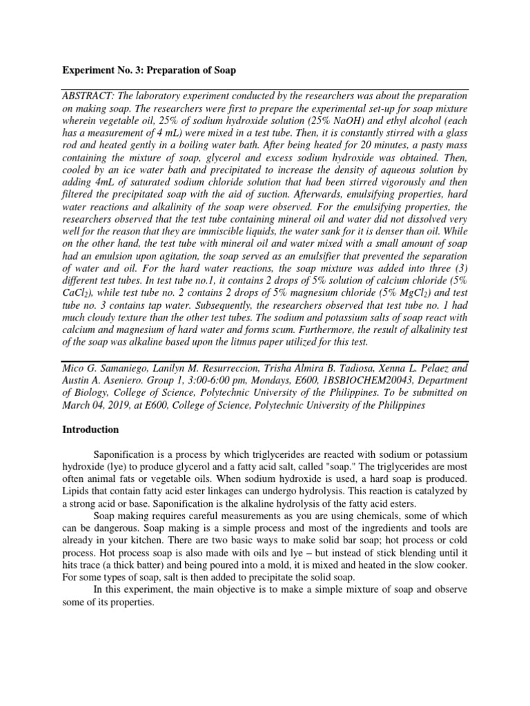 Experiment No. 3: Preparation of Soap | PDF | Emulsion | Sodium Hydroxide