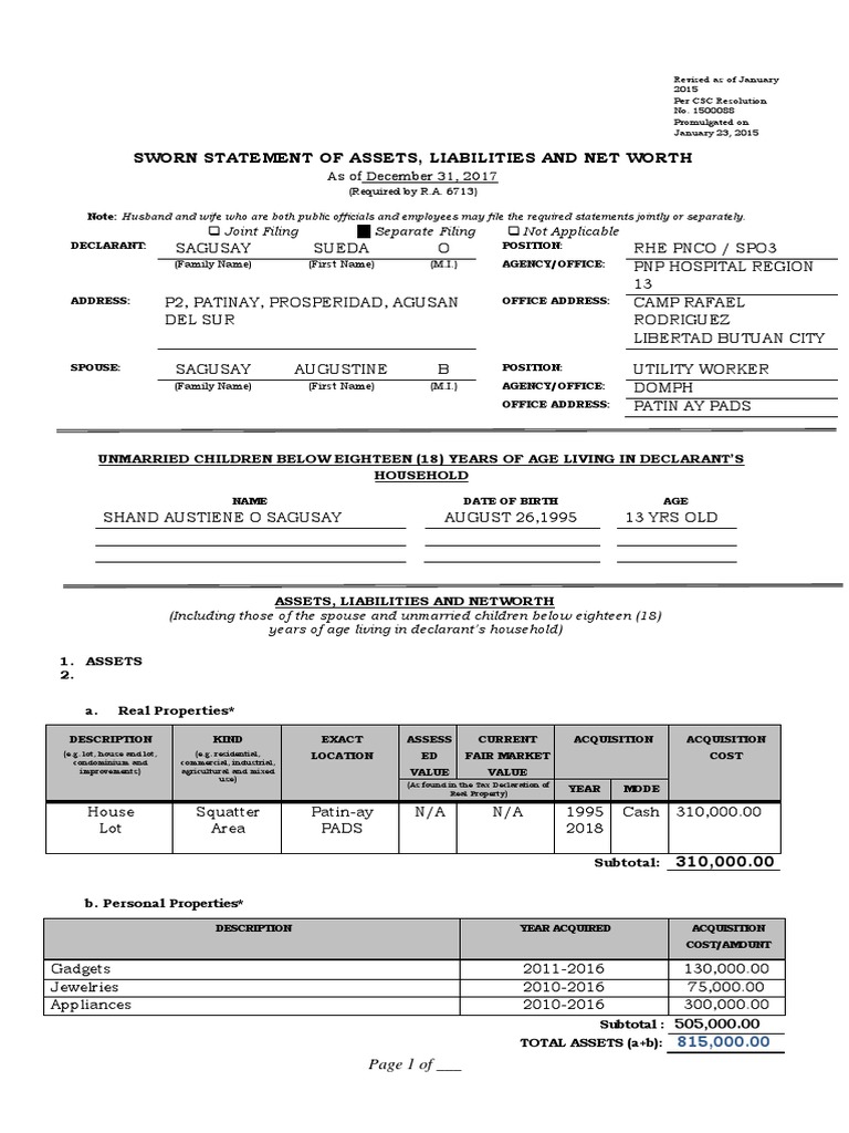 2015 SALN Form LATEST SPO3 Sagusay | PDF | Identity Document | Affidavit