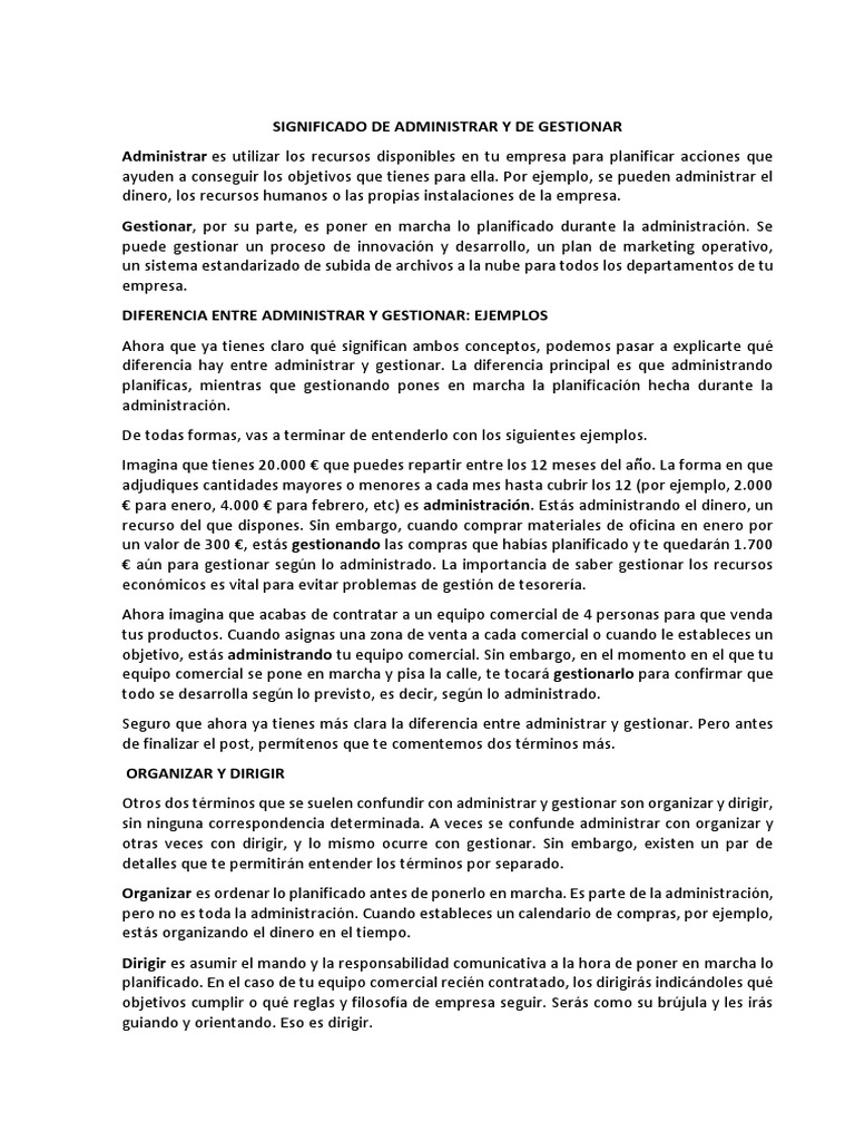 Significado de Administrar y de Gestionar | Marketing | Business