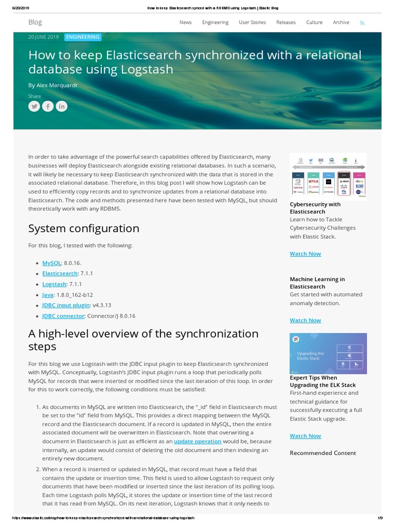 How To Keep Elasticsearch Synced With A Rdbms Using Logstash Elastic