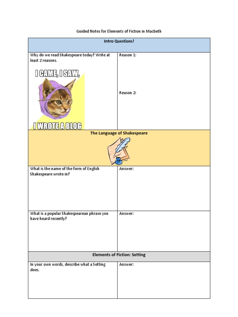 Guided Notes For Elements of Fiction in Macbeth | PDF | Macbeth | Plot ...