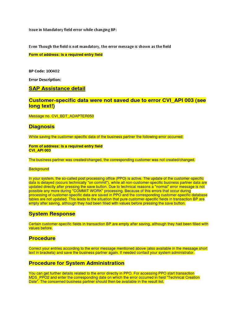 Mandatory Field Error While Changing BP | PDF | Business