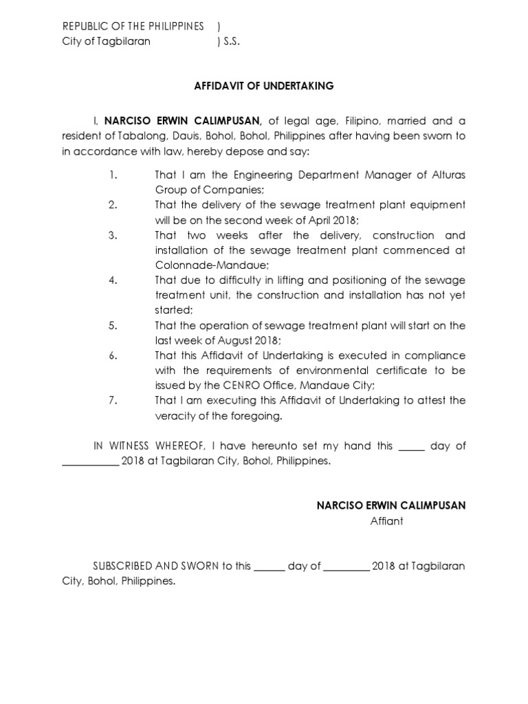 Affidavit of Undertaking (ColMan) | PDF | Affidavit | Legal Procedure