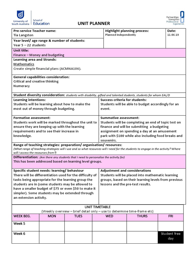 Financial Unit Plan | PDF | Educational Psychology | Communication