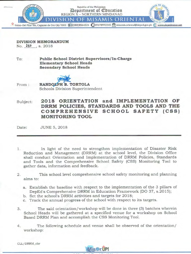DM 283 S 2018 2018 Orientation and Implementation of DRRM Policies Standards and Tools and The ...