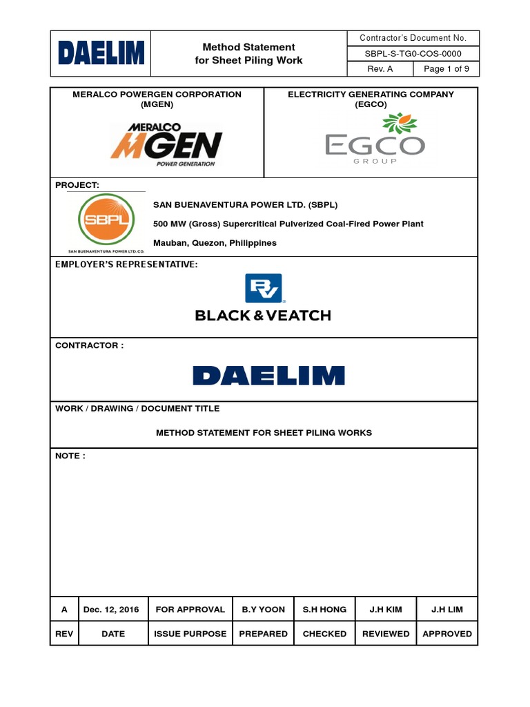 Method Statement For Sheet Piling Work: Contractor's Document No. SBPL ...