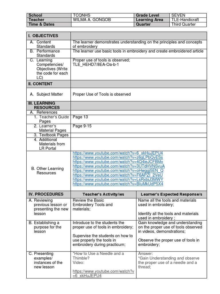 Proper Use of Tools in Embroidery: A Detailed Lesson Plan for Teaching ...