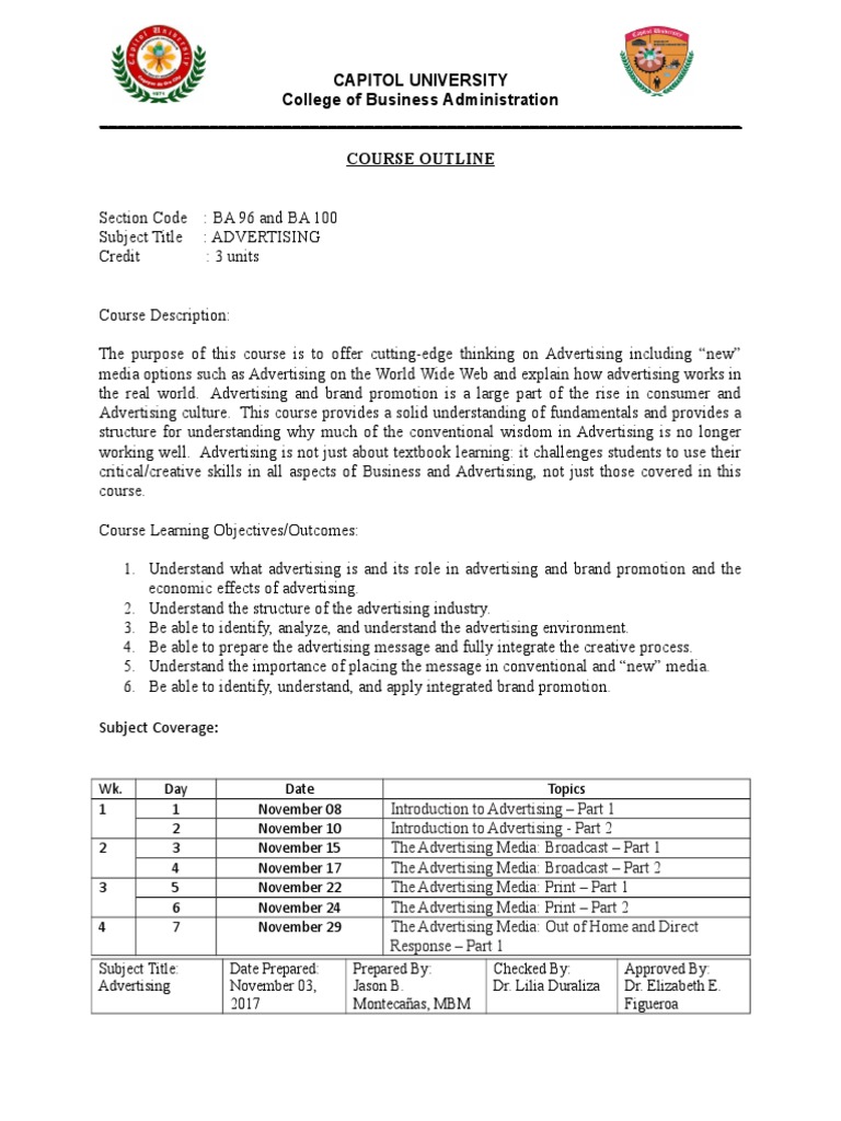 BA 96 Advertising Course Outline | PDF | Advertising | Mass Media