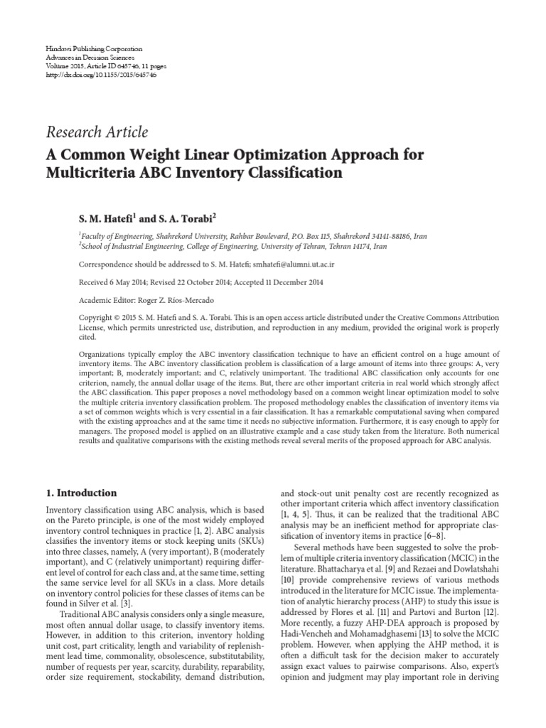 A Common Weight Linear Optimization Approach For Multicriteria ABC Inventory Classification ...