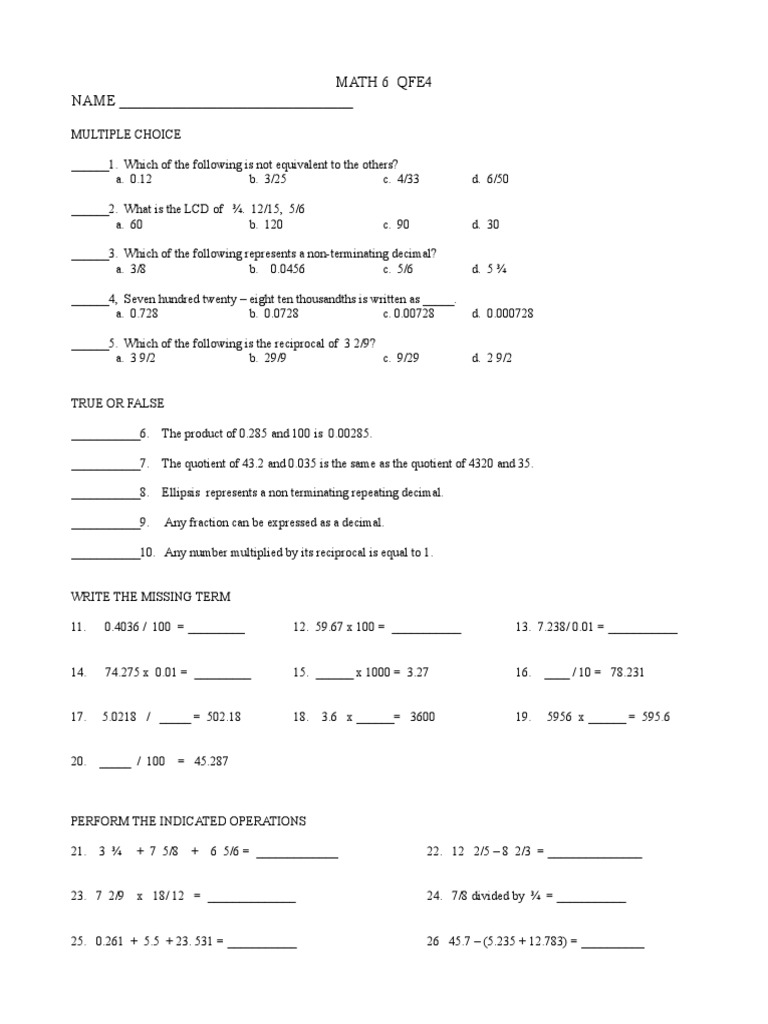 Math 6 Qfe4 NAME | PDF | Odds | Fraction (Mathematics)