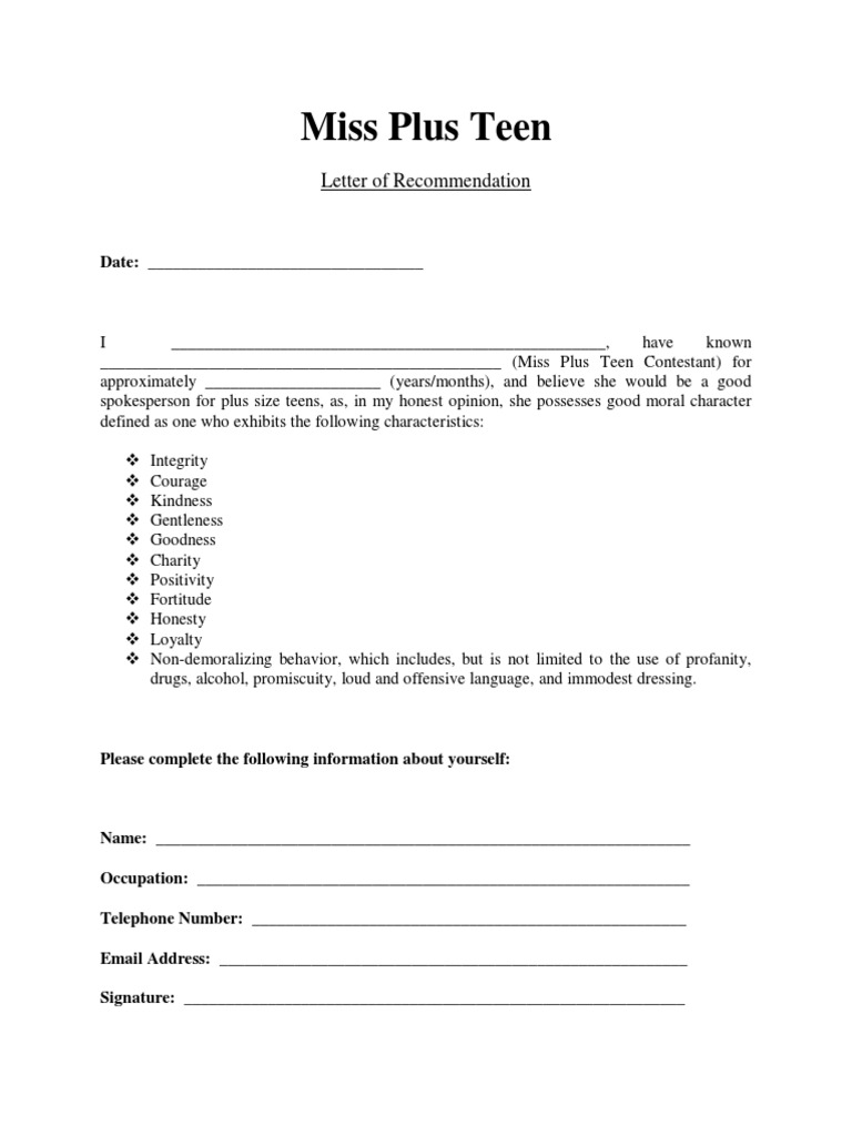 Miss Plus Teen: Letter of Recommendation | PDF | Career & Growth