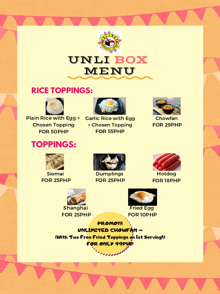 Unli Box Menu: Rice, Snacks & Shakes | PDF