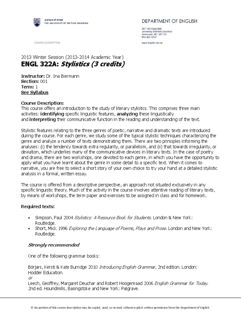Stylistics Syllabus | PDF | Genre | Narrative