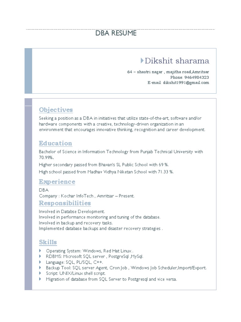 Resume DBA PDF | PDF | Microsoft Sql Server | Postgre Sql