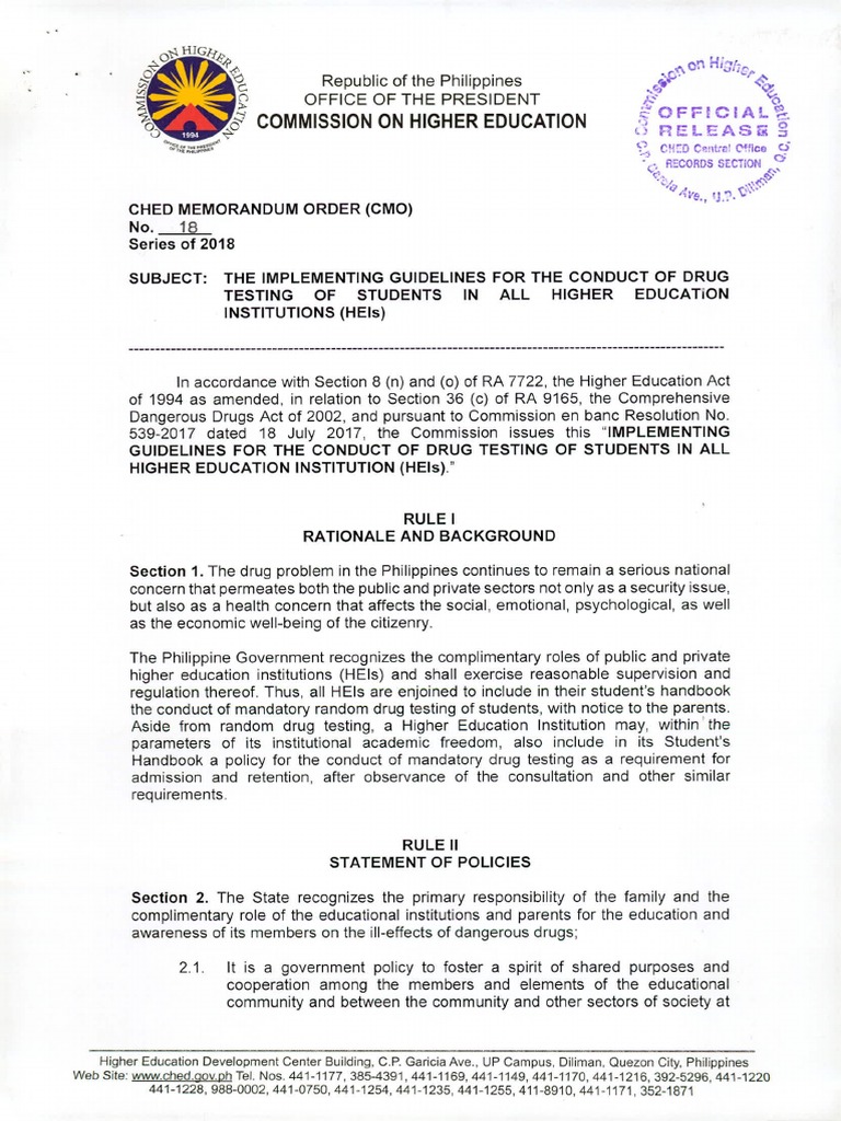 CMO No. 18 S. 2018 Guidelines On Drug Testing | PDF