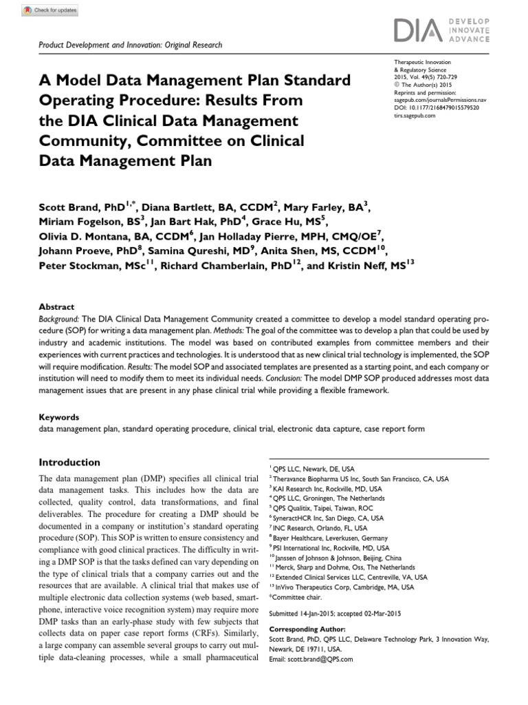 A Model Data Management Plan Standard Operating Procedure: Results From ...