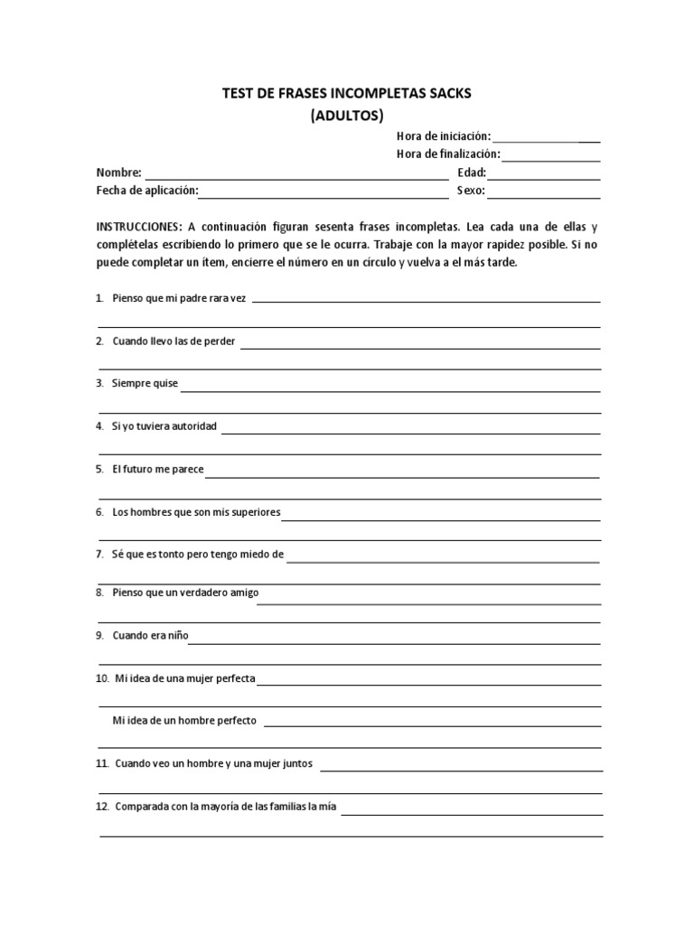 Test de Frases Incompletas Sacks | PDF | Sicología | Ciencias del ...