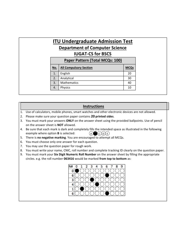 ITU BSCS Entry Test Paper Pattern | PDF