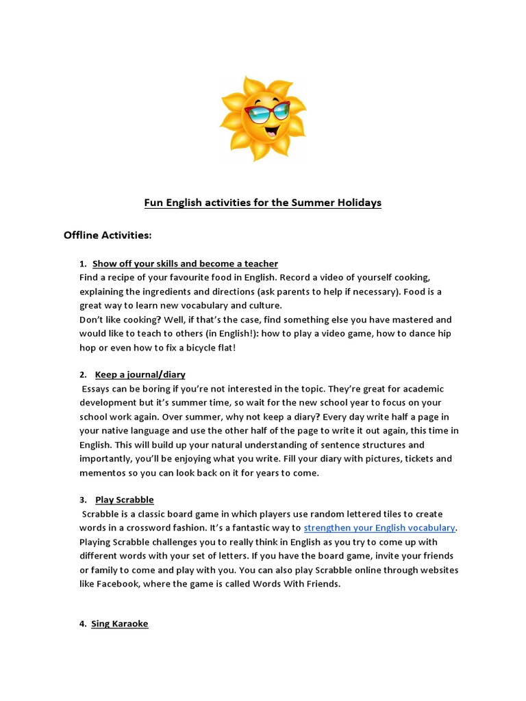 Summer English Activities for Kids | PDF | Vocabulary | English Language