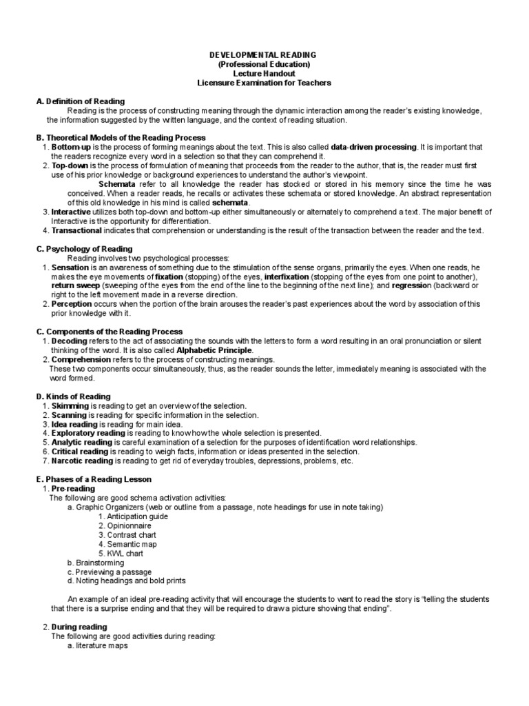 Devt - L Reading Lecture Handout NEW | PDF | Reading Comprehension ...