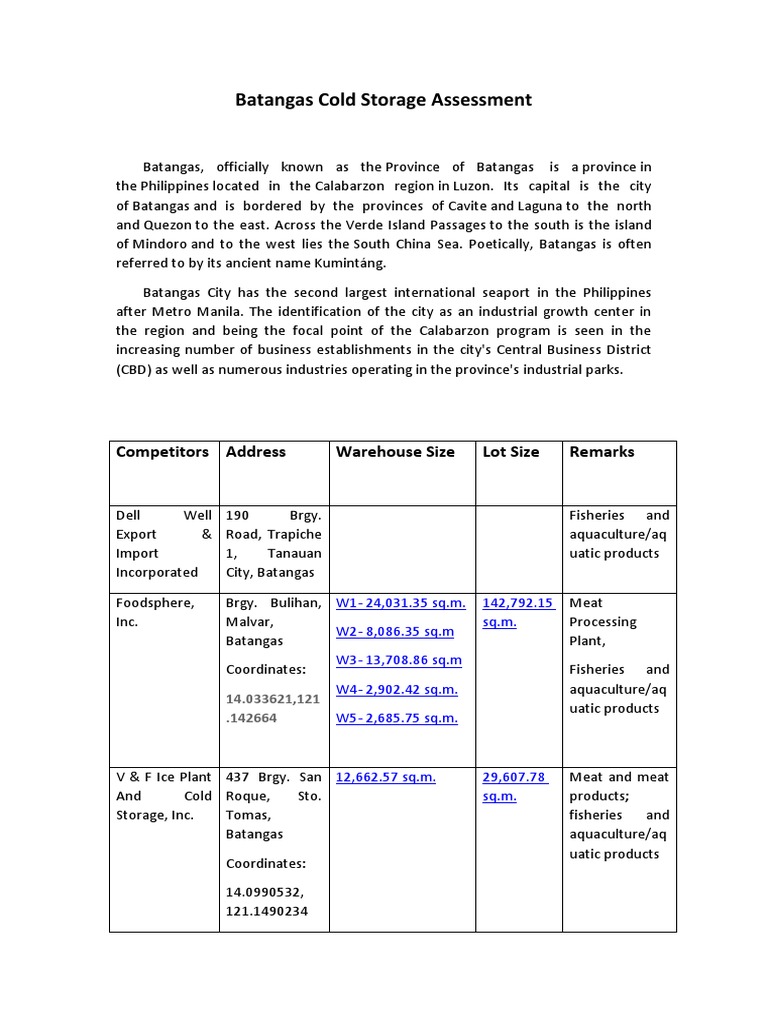 Batangas Cold Storage Assessment | PDF | Food Industry | Food And Drink
