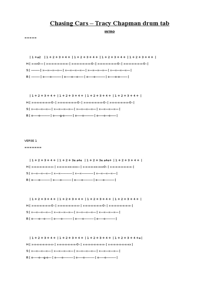 Chasing Cars Drum Tab | PDF | Songs | Musical Compositions