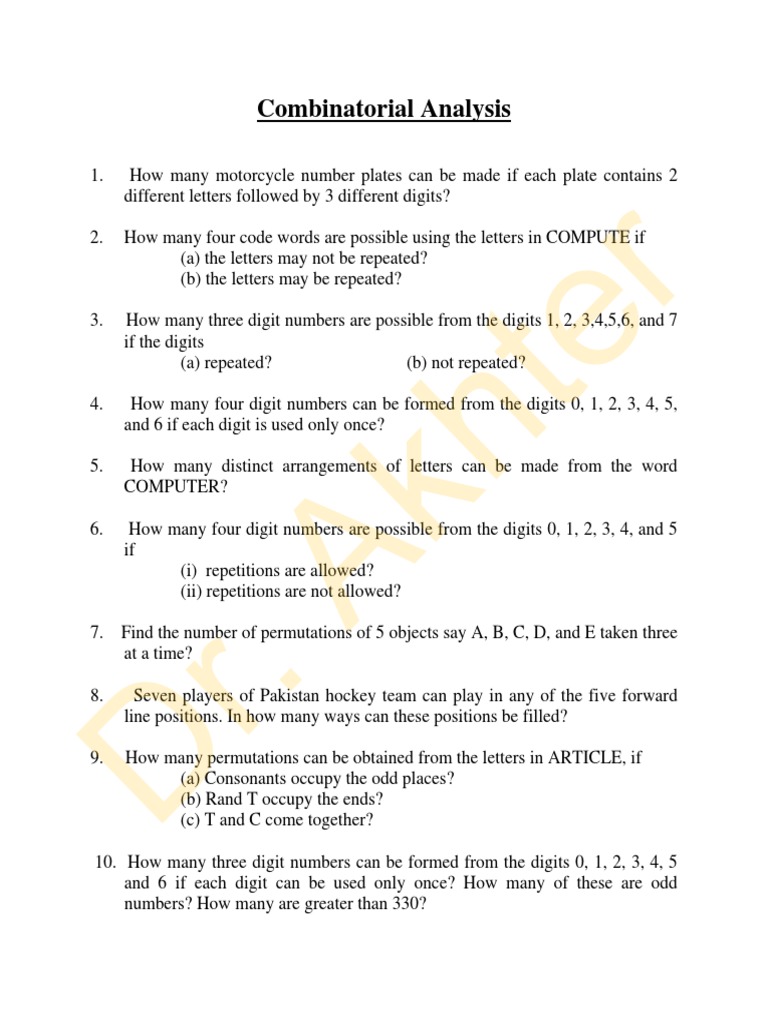 Dr. Akhter: Combinatorial Analysis | PDF | Permutation | Teaching Mathematics
