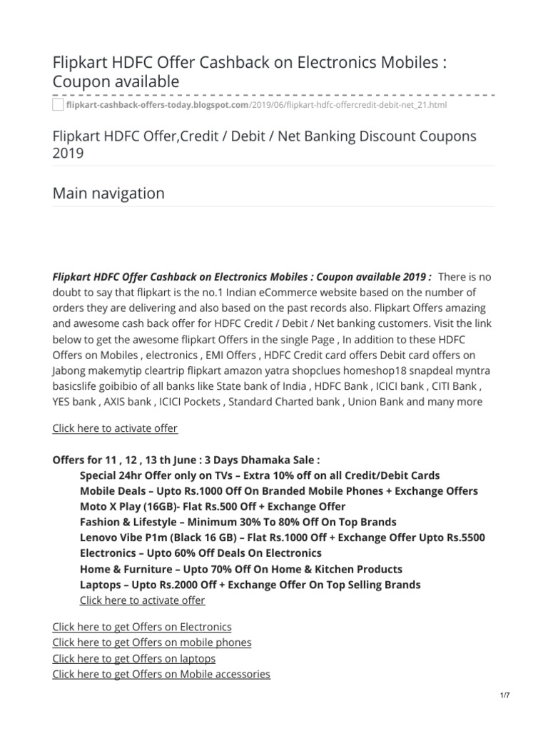 Flipkart HDFC Offer Cashback On Electronics Mobiles: Coupon Available ...