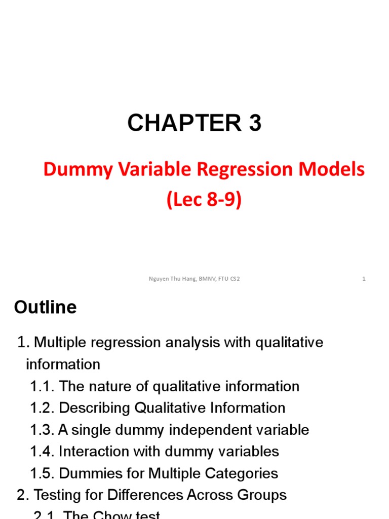 Dummy Variable Regression Models (Lec 8-9) : 1 Nguyen Thu Hang, BMNV, FTU CS2 | PDF | Dummy ...