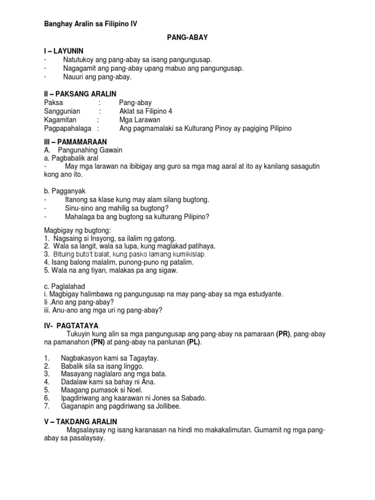 Banghay Aralin Sa Filipino IV (Lesson Plan) | PDF