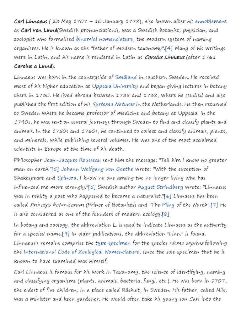 Carl Linnaeus | PDF | Taxonomy (Biology) | Scientific Classification