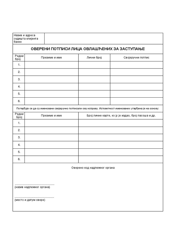Op Obrazac - Overeni Potpisi Lica Ovlascenih Za Zastupanje