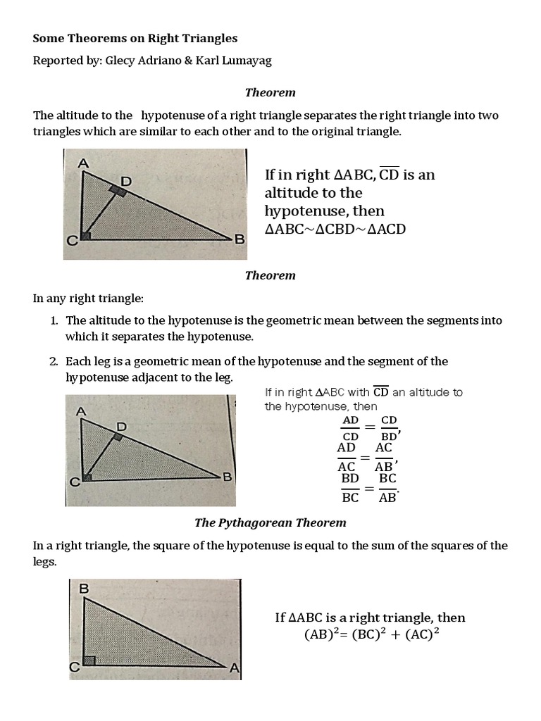 Theorems on Right Triangles Explained | PDF | Triangle | Geometric Objects