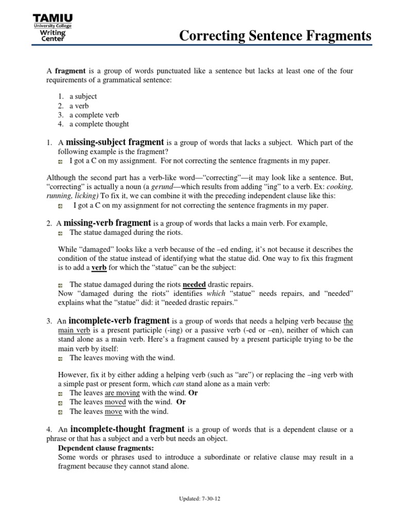 Correcting Sentence Fragments | PDF | Verb | Sentence (Linguistics)