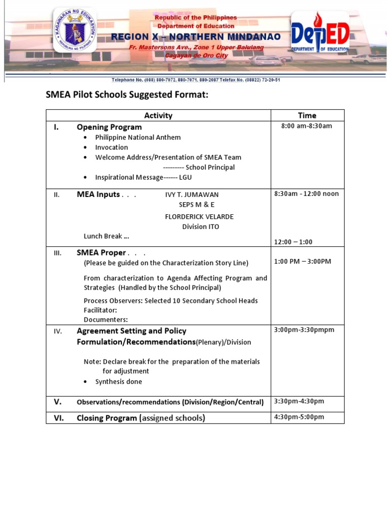 SMEA Pilot Schools Suggested Format:: Activity Time I. Opening Program ...