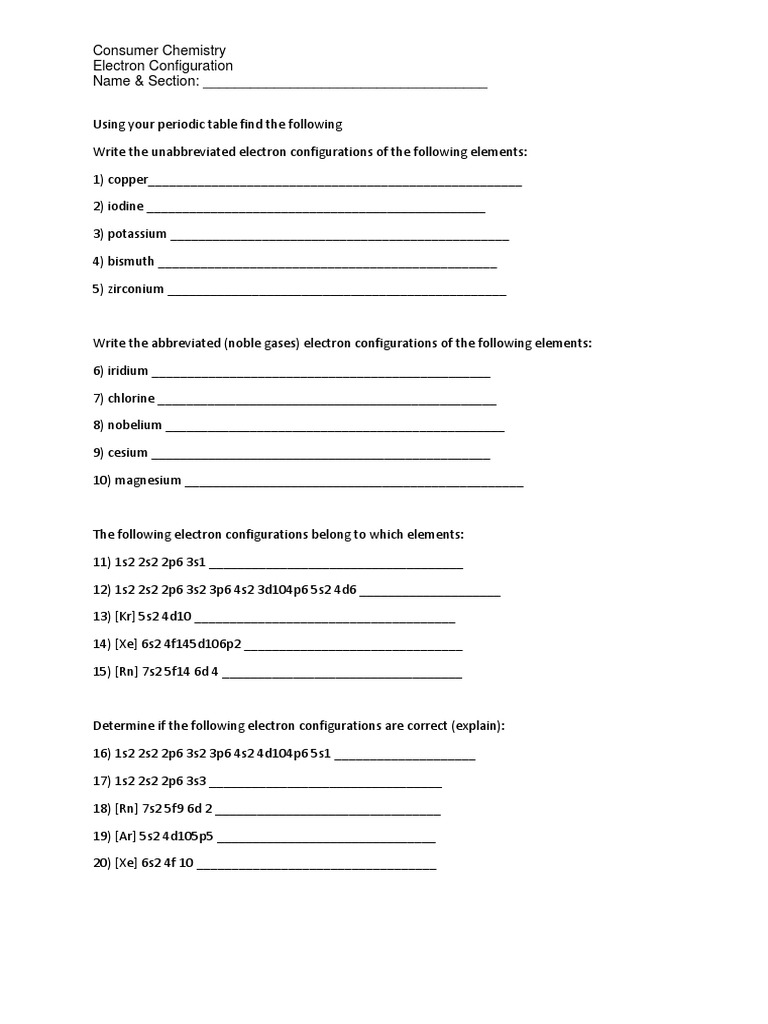Electron Configuration Worksheet | PDF